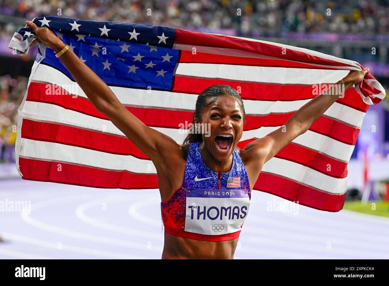 Paris, France. 06th Aug, 2024. Gabriella Thomas of the U.S. celebrates ...