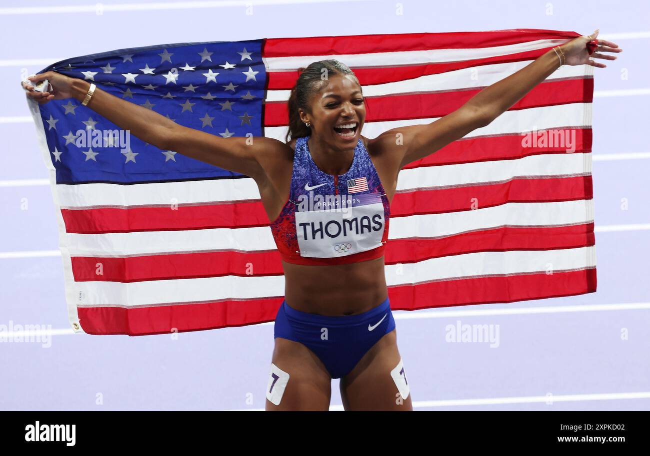 Paris, France. 06th Aug, 2024. USA's Gabrielle Thomas wins the Women's ...
