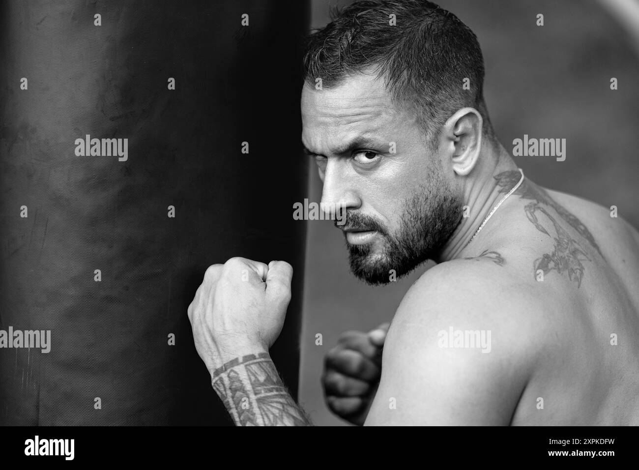 Close up Portrait of muscular boxer. Man boxer face close up. Fists ...