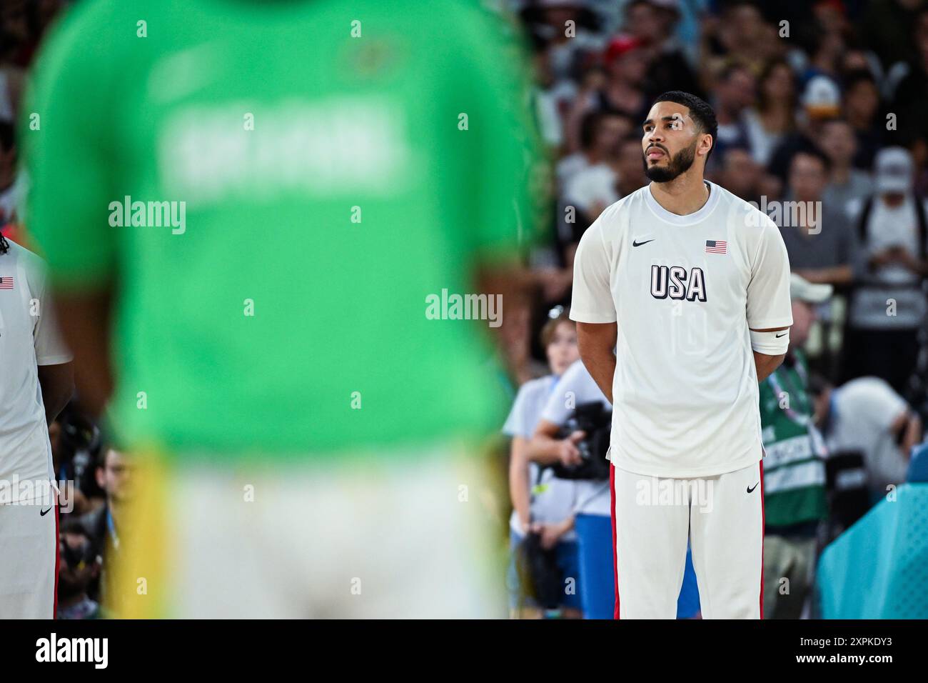 Paris, France. 06th Aug, 2024. Team USA player Jayson Tatum is ...
