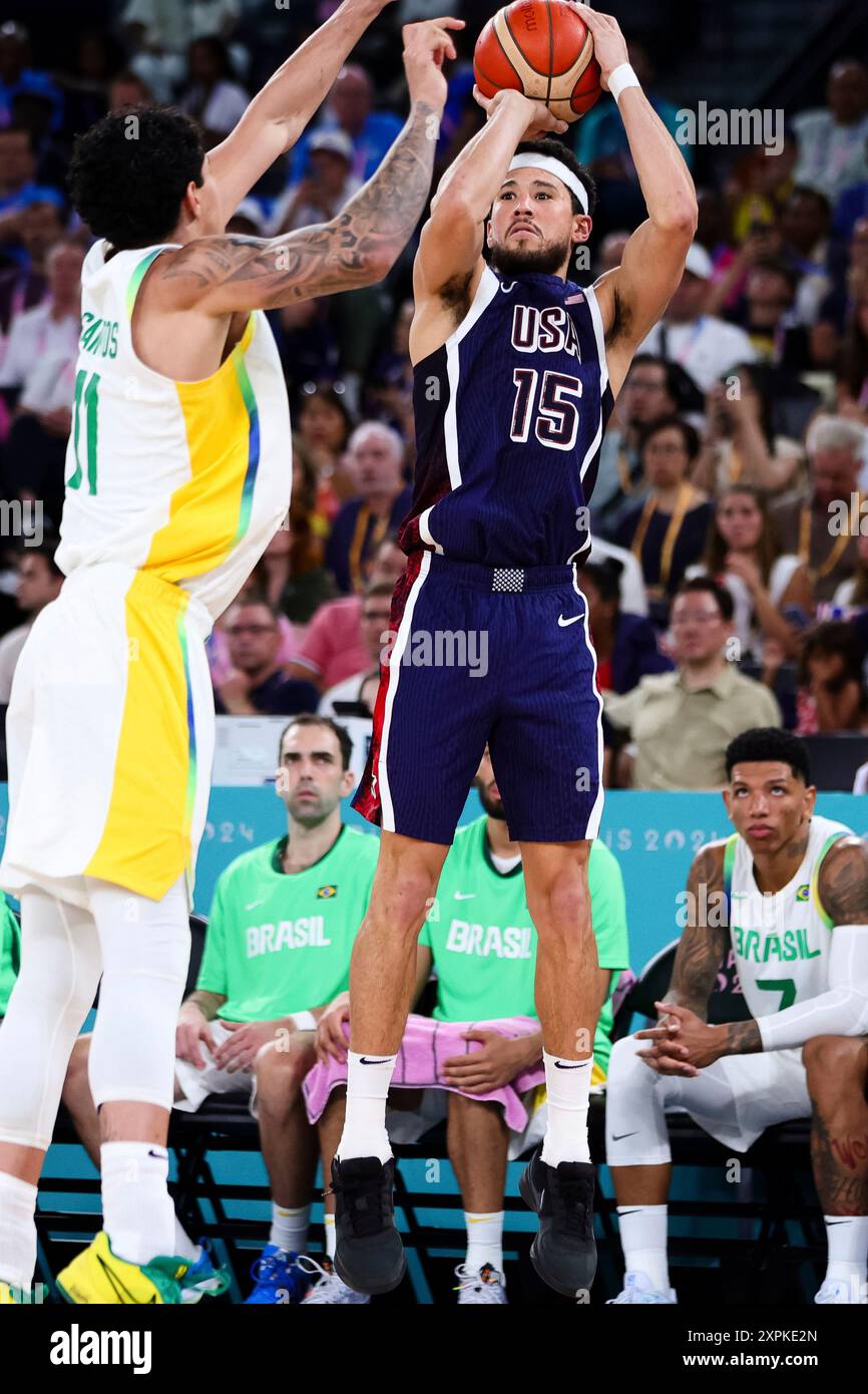 PARIS, FRANCE - AUGUST 06: Devin Booker (15) of Team United States ...