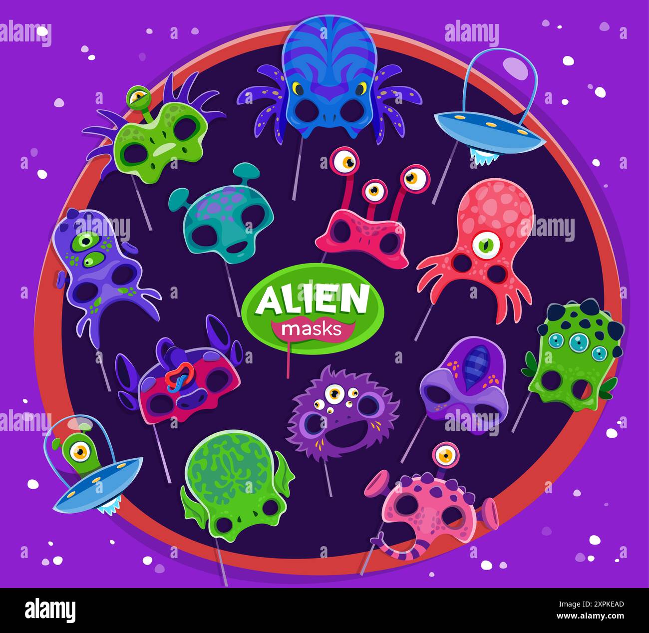 UFO alien photo booth and carnival masks or props, vector kids space ...