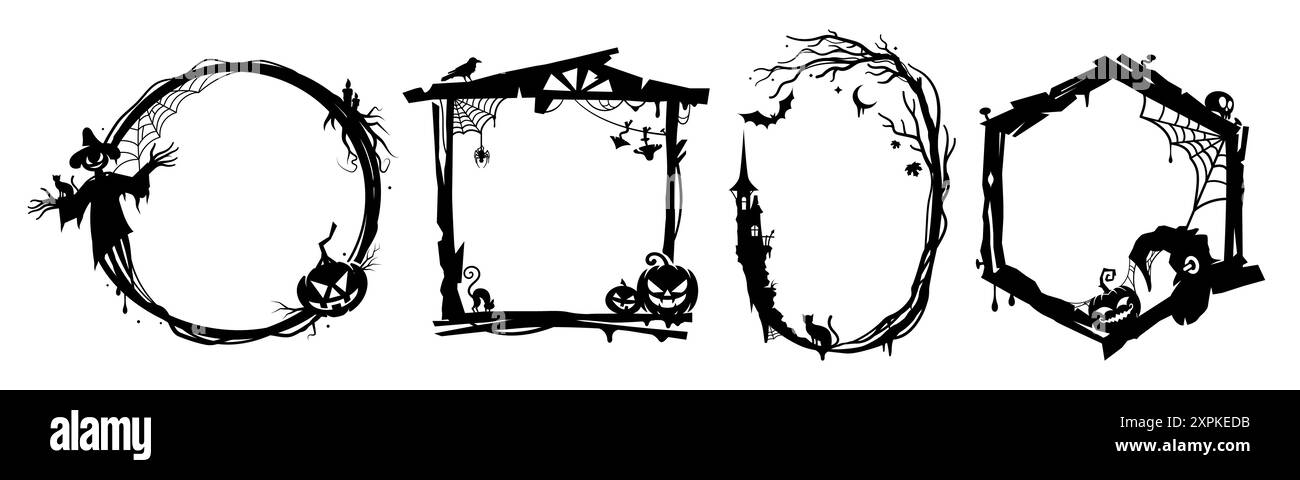 Black Halloween holiday frames and borders. Isolated vector scary ...
