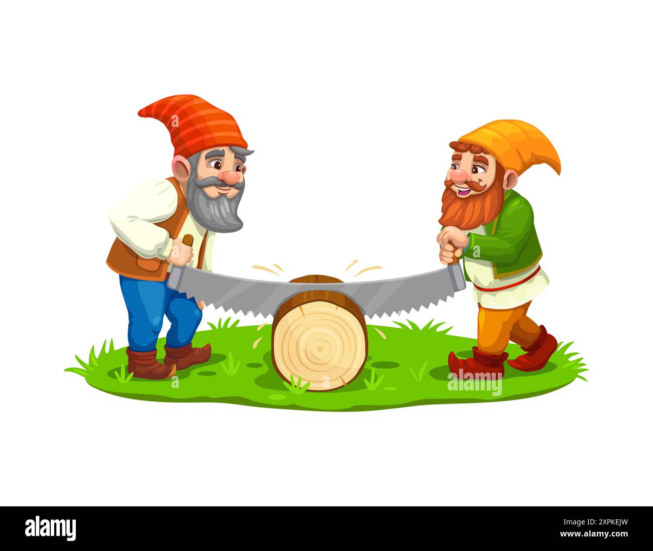 Cartoon gnome dwarf characters sawing a log with saw. Fairytale ...