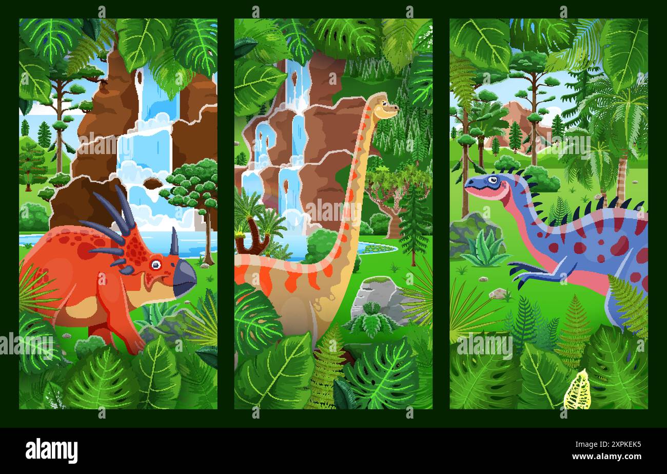 Prehistoric dinosaurs in jungle forest with palm trees and waterfall ...