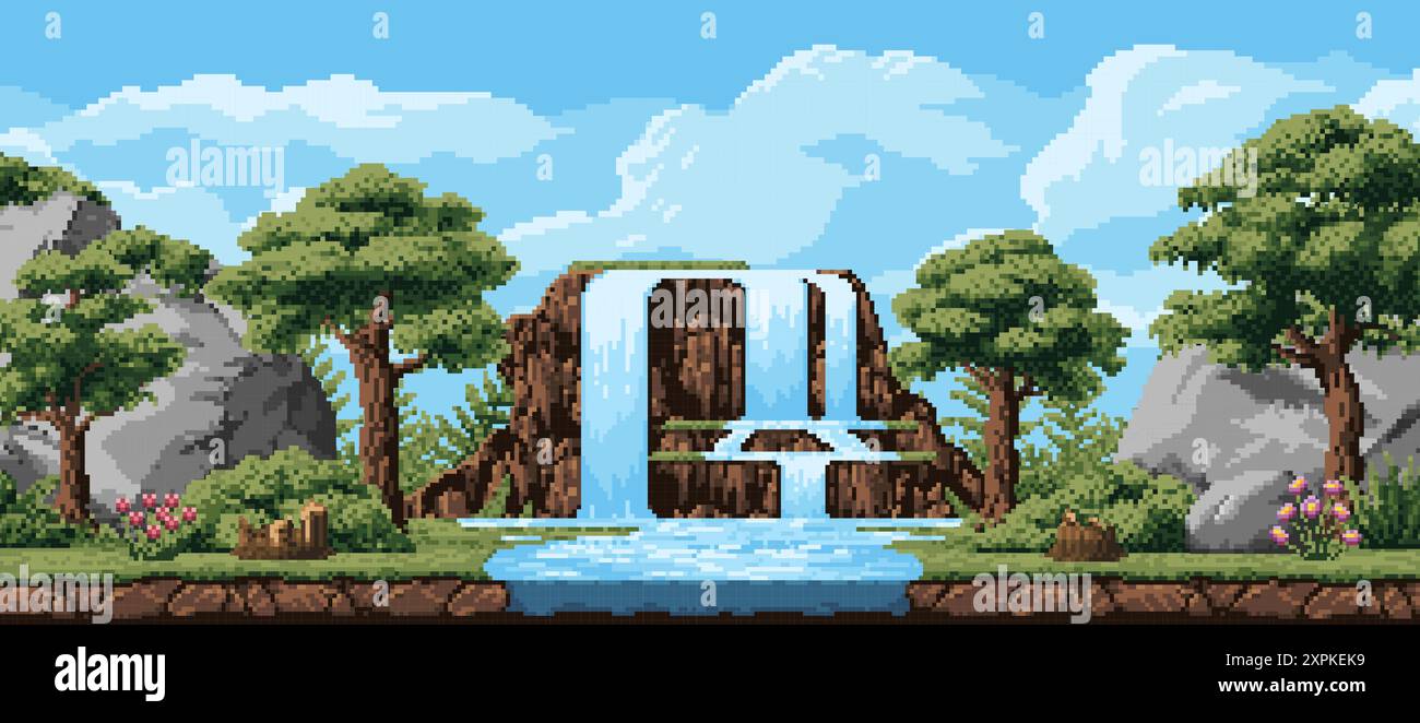 8 bit pixel landscape with mountains and waterfall cascade arcade game level vector background ...