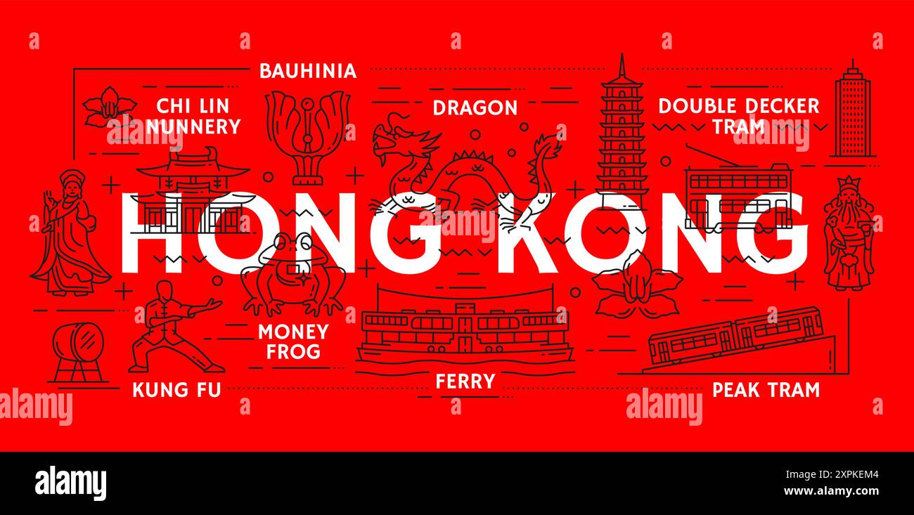 Hong Kong travel landmarks, sightseeing attractions and tourism, vector ...