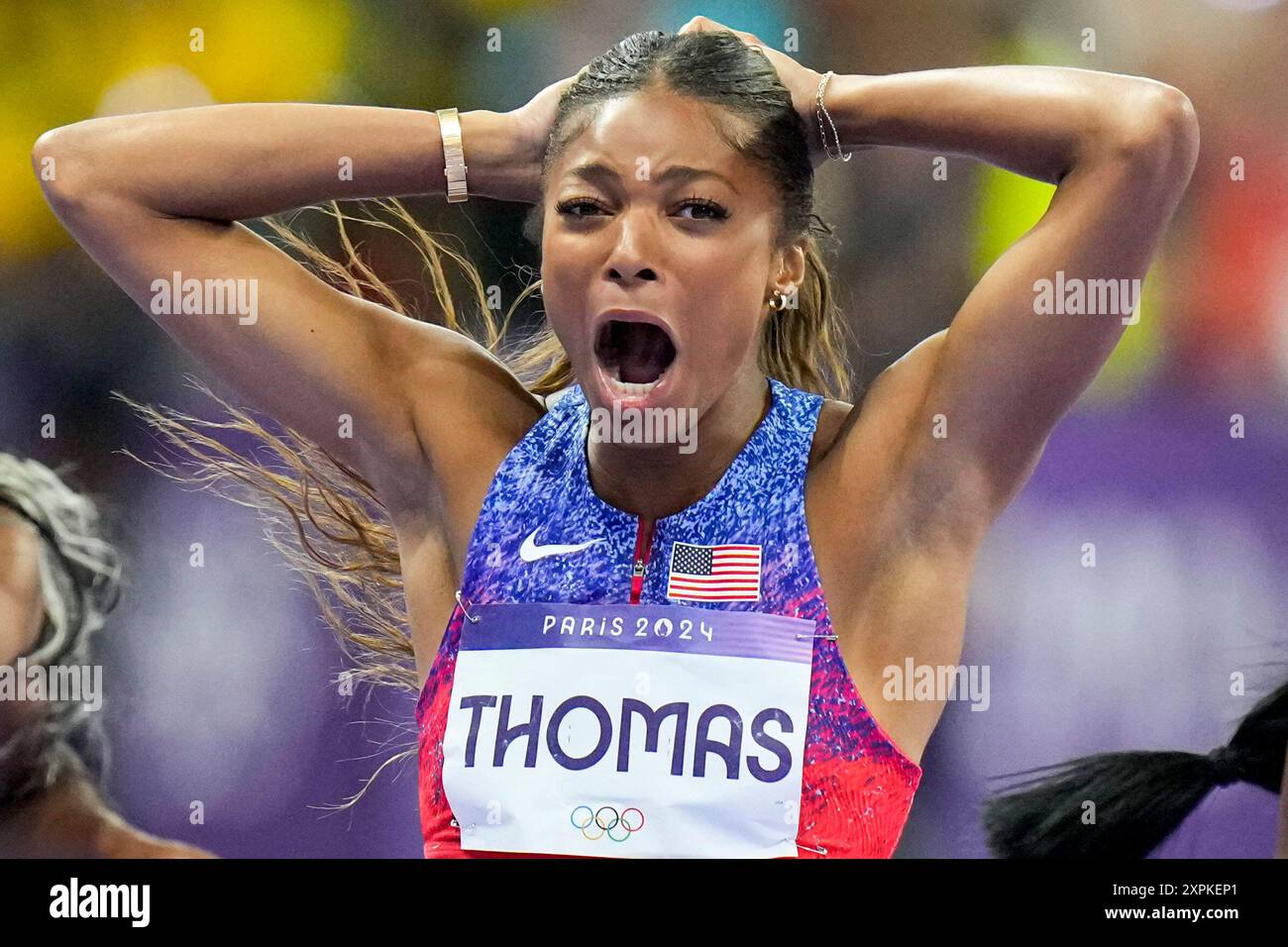 Paris, France. 06th Aug, 2024. Gabriella Thomas of Team USA reacts ...