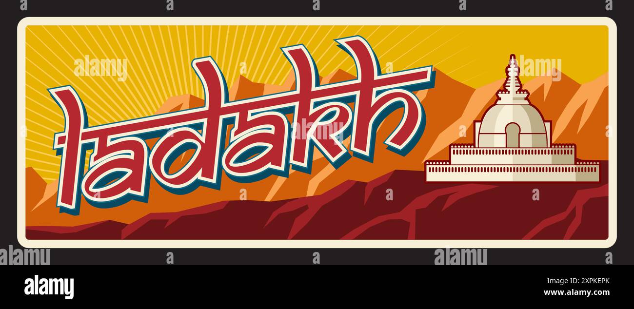 Ladakh Indian state retro travel plate, vintage banner. Vector landmark ...