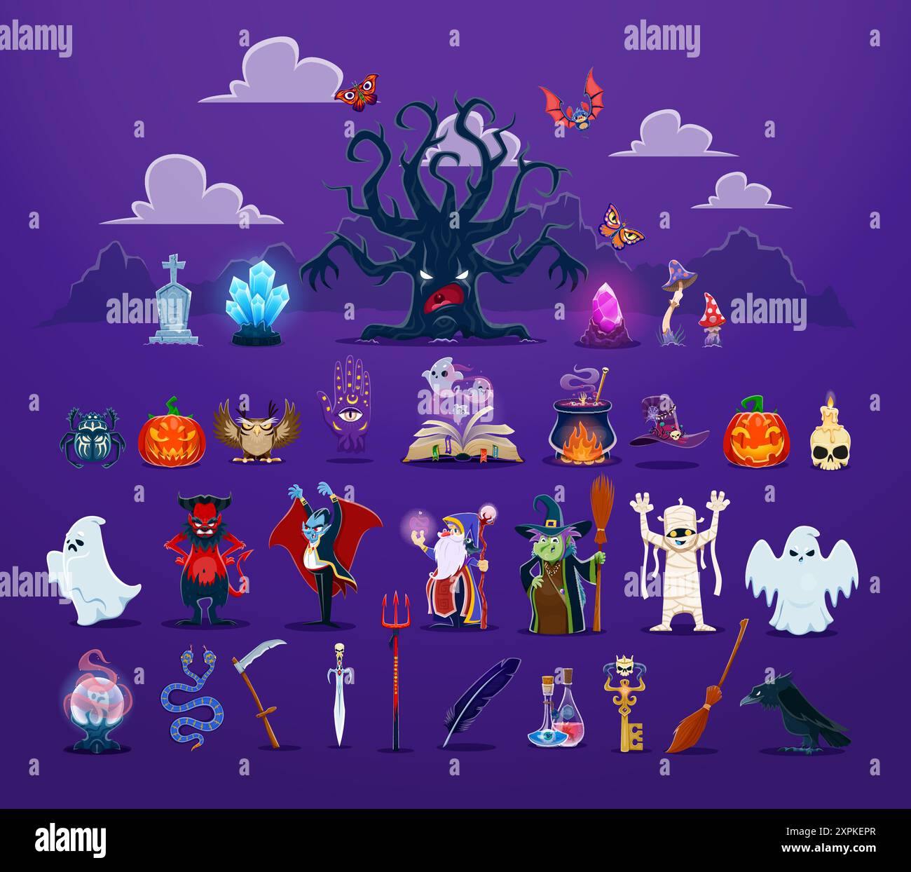 Cartoon Halloween characters and items isolated vector set. Witch ...