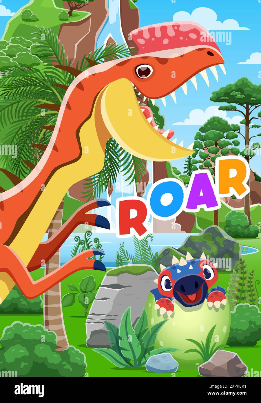 Funny dinosaur character and dino kid. Vector colorful scene with ...