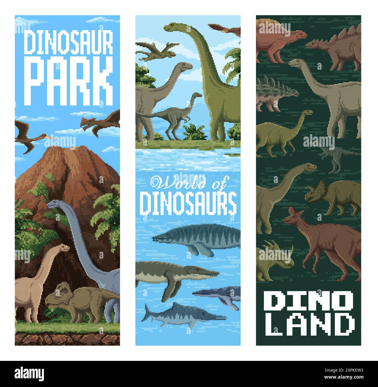 8 bit pixel art dinosaurs. Dino world park banners featuring dino ...