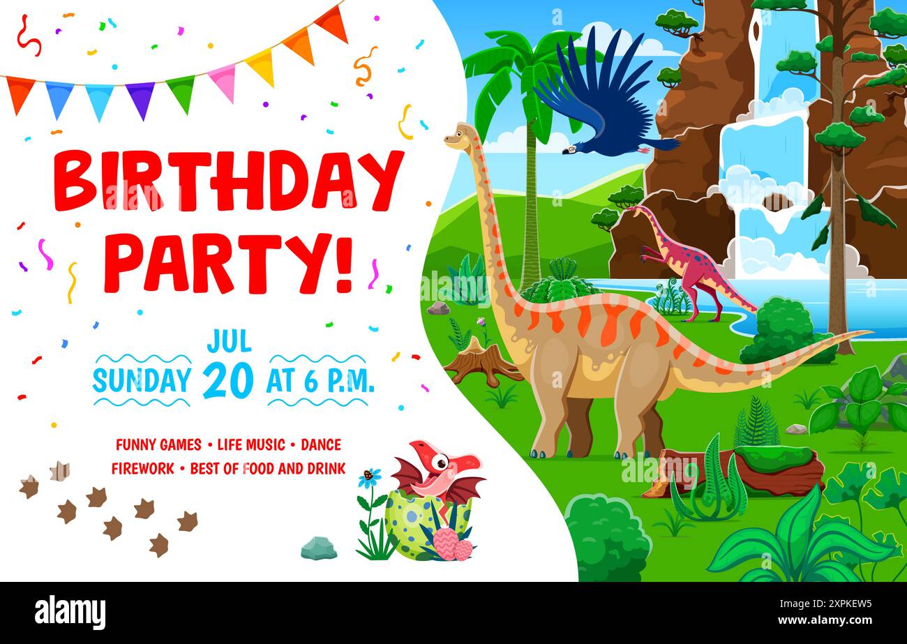 Birthday invite, kids dino party flyer with funny dinosaurs. Vector ...