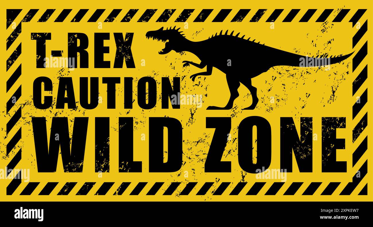 Grunge t-rex dinosaur warning sign. Danger tyrannosaurus rex dino animal vector silhouette ...