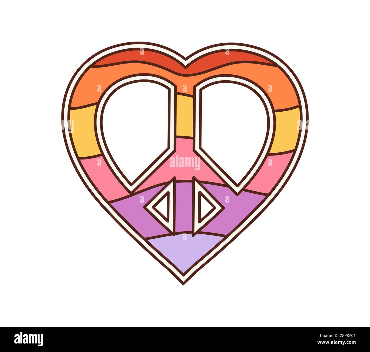 Cartoon retro groovy hippie love peace sign. heart with rainbow colors in nostalgic psychedelic ...