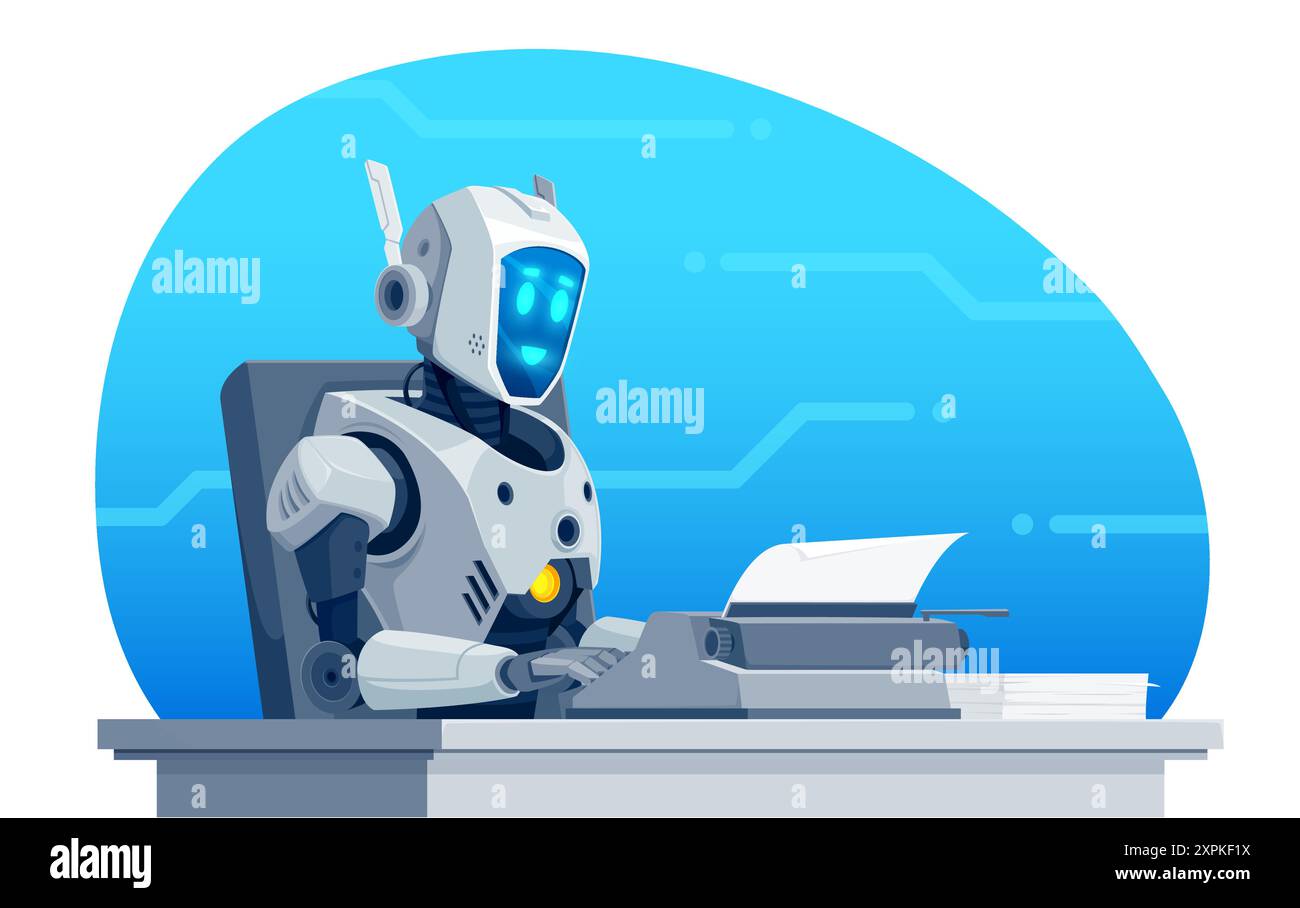 Robot writer, vector AI artificial intelligence. Cartoon modern ...