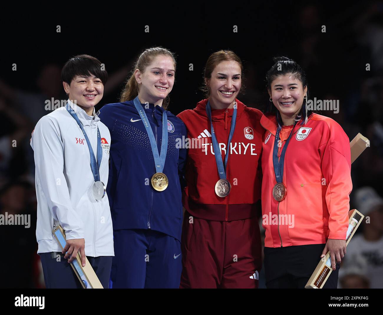Paris, France. 6th Aug, 2024. Gold medalist Amit Elor (2nd L) of the ...