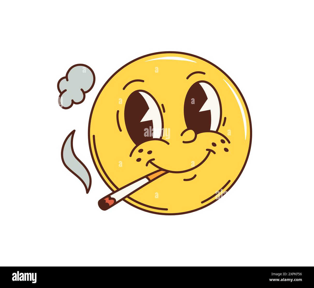 Cartoon retro groovy smoking smile face. Hippie y2k symbol of yellow ...