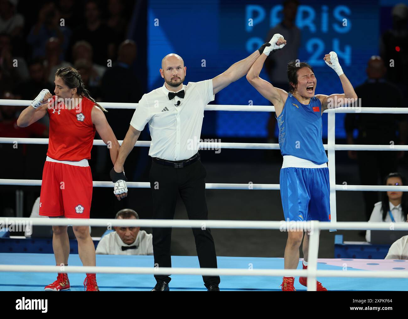 Paris, France. 6th Aug, 2024. Yang Liu (R) of China celebrates after ...