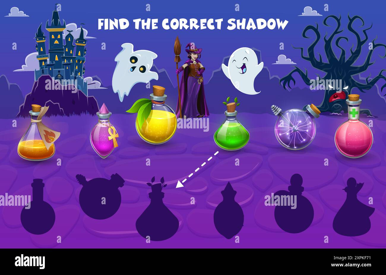 Find the correct shadow of Halloween witch potion bottles. Kids vector ...