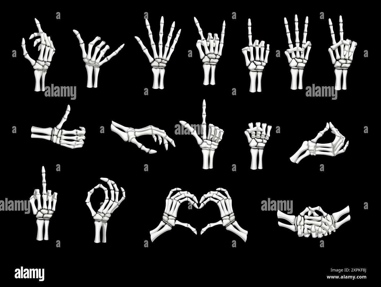 Skeleton hand gestures. Vector Halloween human skull finger bones ...
