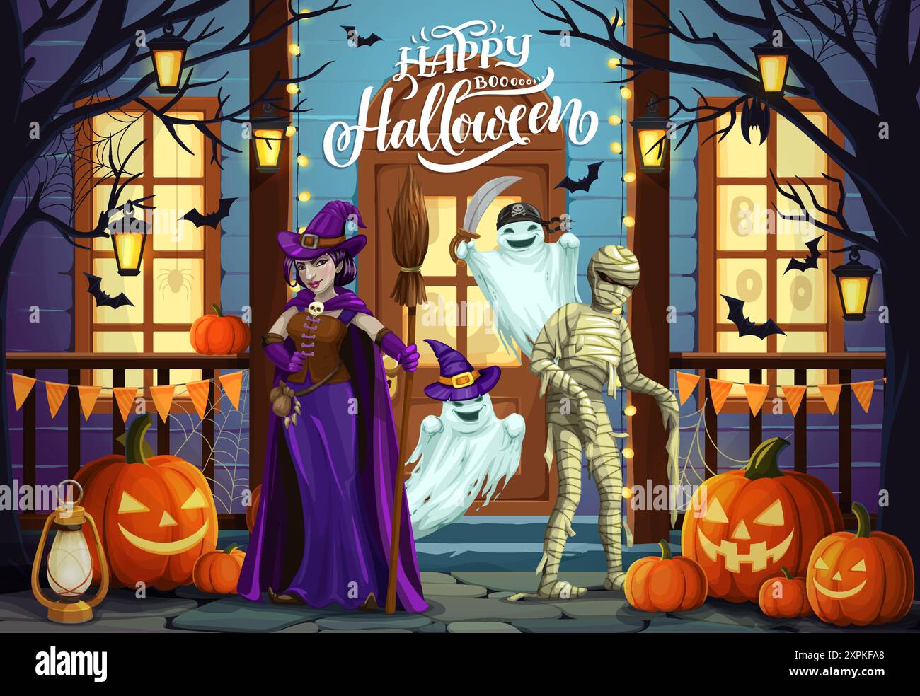 Cartoon Halloween characters at the holiday door porch. Vector trick or ...