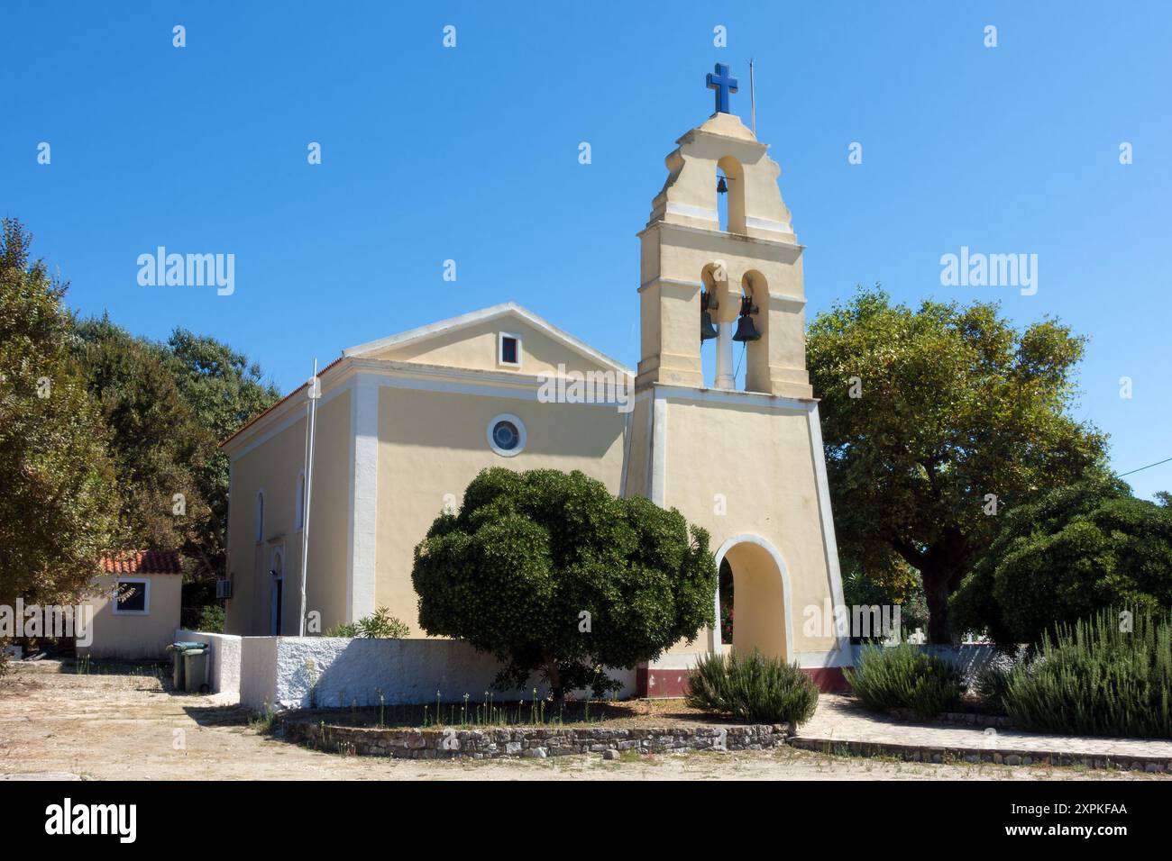 The church of the Holy Trinity in the harbor village of Othonoi island ...