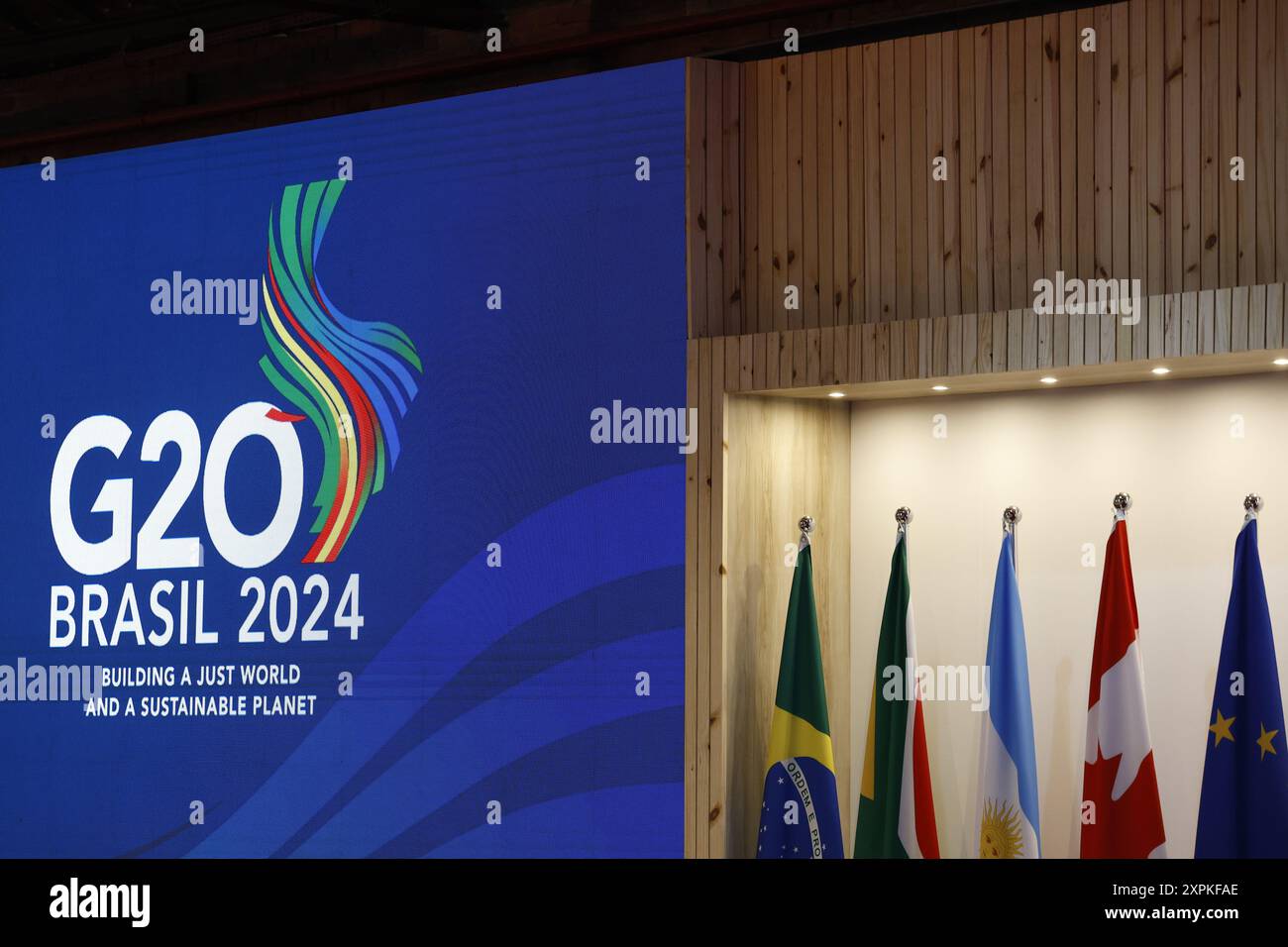 G20 Brazil 2024 Summit logo, meeting room. Symbol of the Group of 20 ...