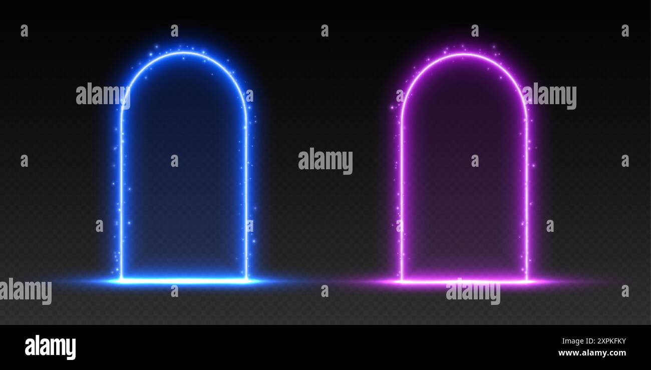 Neon arches with sparkles, purple and blue glowing portals, futuristic ...