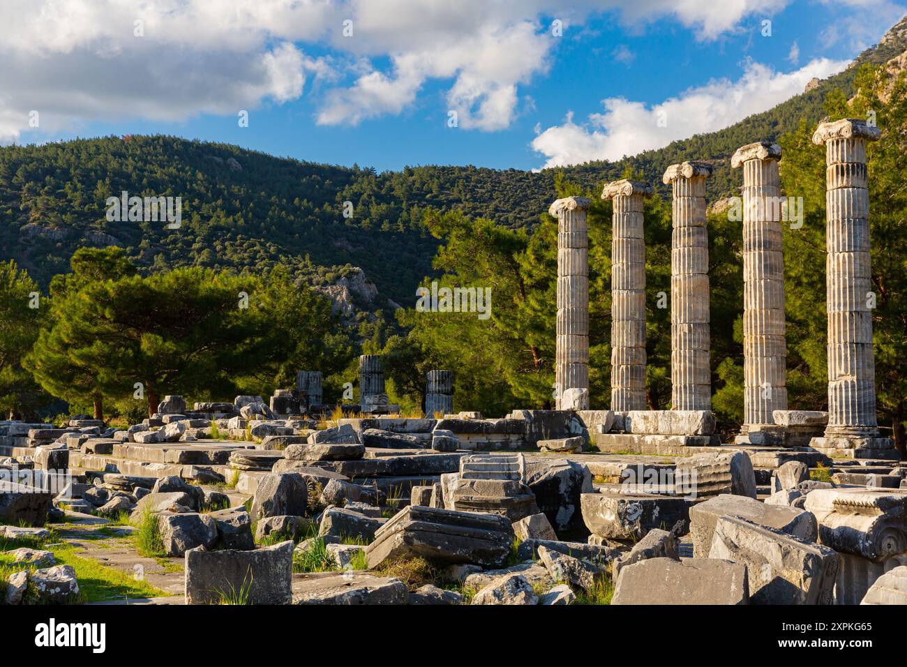 Ruins of Temple of Athena of Priene at foot of escarpment of Mycale ...