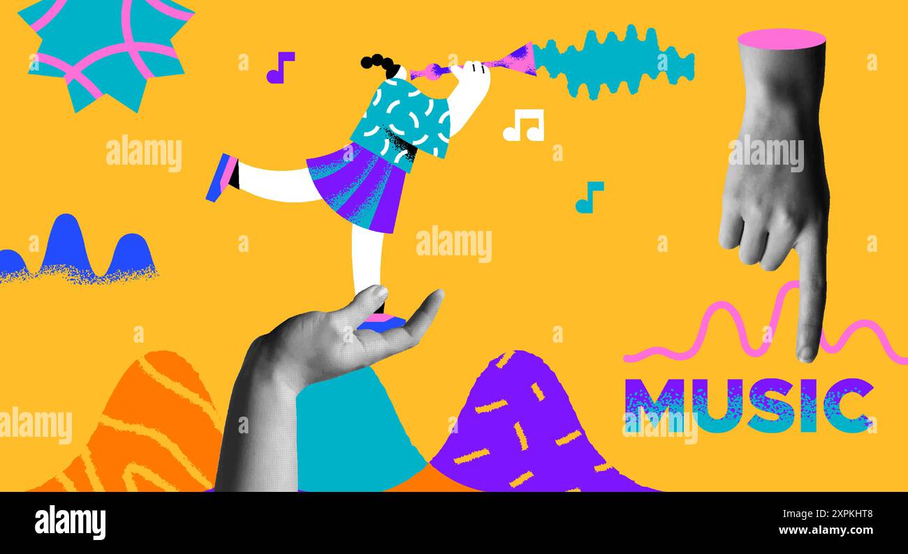 Music concert with girl musician character playing clarinet and ...