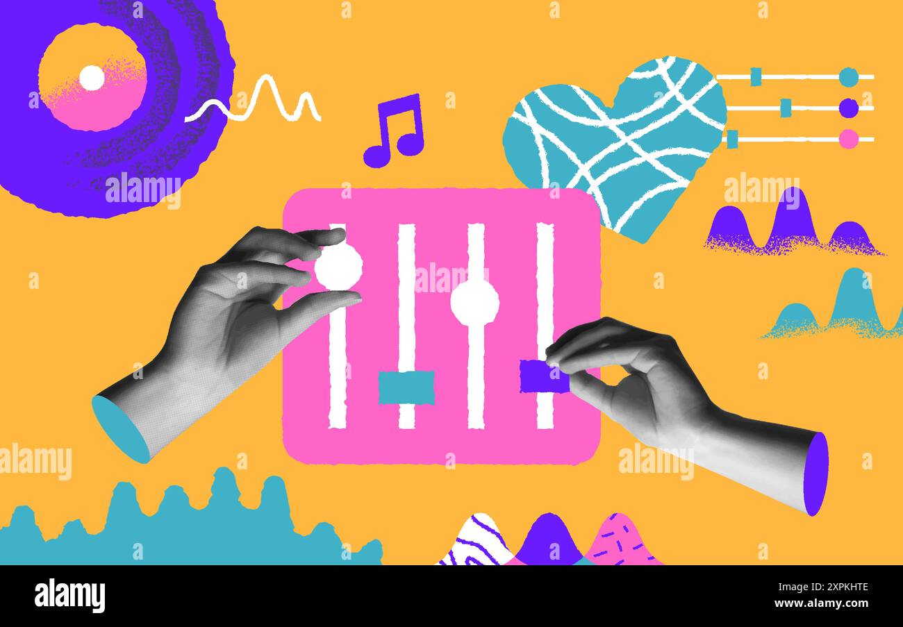 Colorful audio technology, music symbol and musical app icons in retro ...