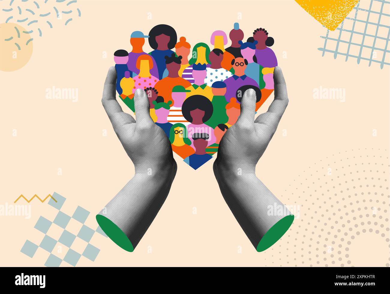 Big group of people faces together making love heart shape and human ...