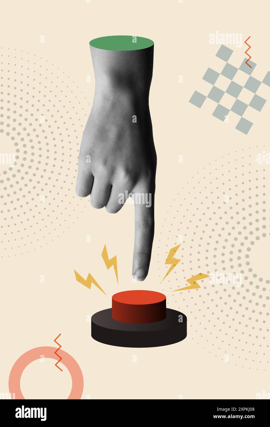Hand pressing the red start button in 80s retro collage vector ...