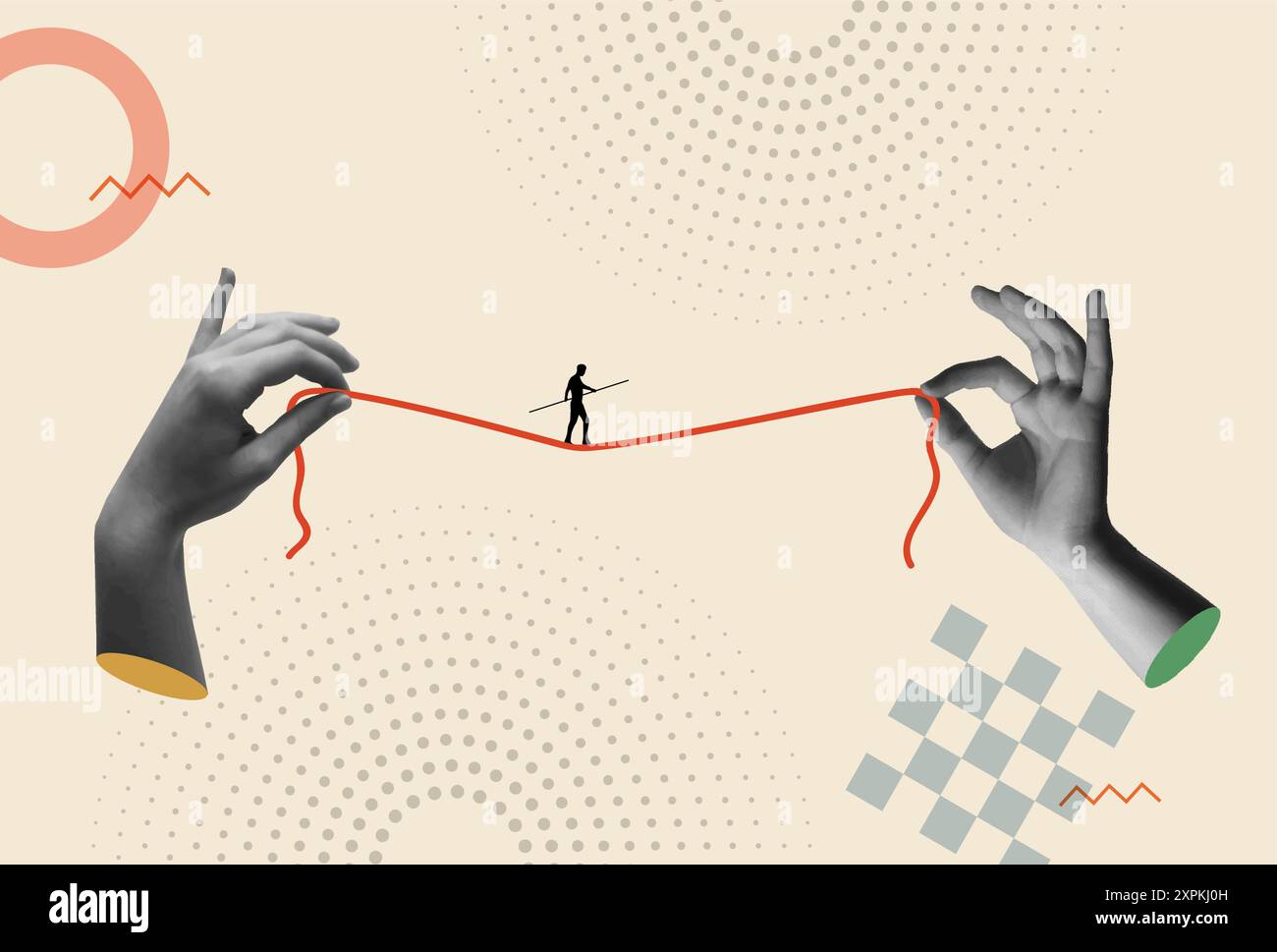 Man doing tightrope walk and human hands holding the rope in a 80s ...