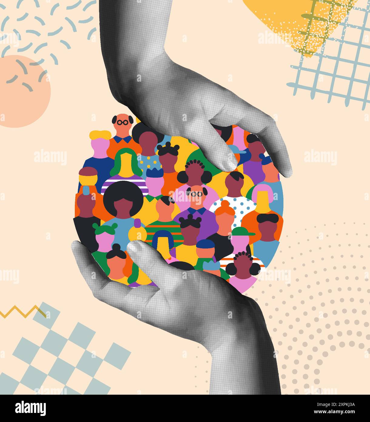 Big group of people faces together making round circle shape and human ...