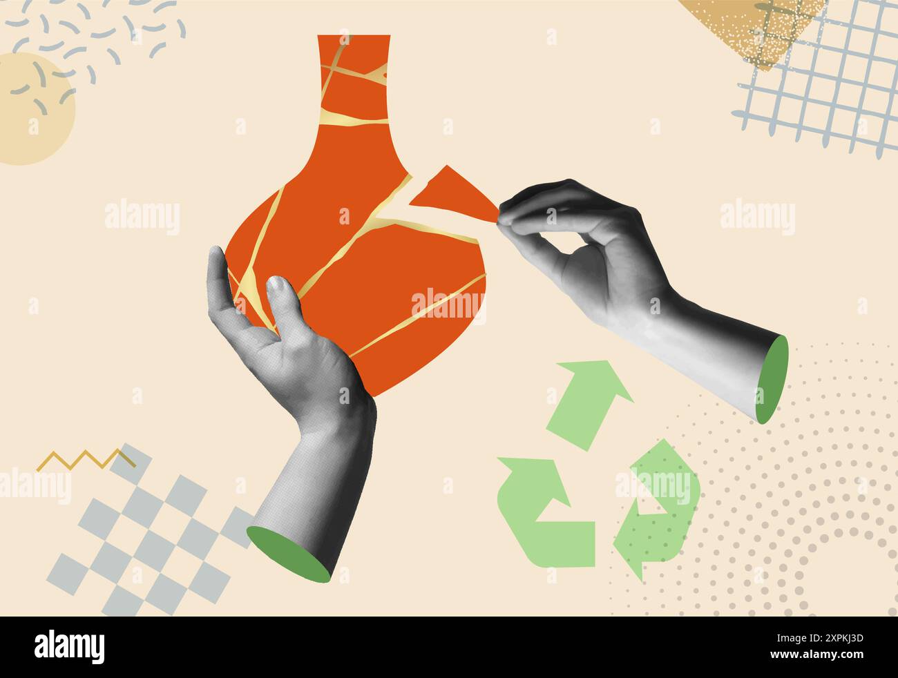 Human hands repair kintsugi ceramic pottery decoration in retro mixed ...