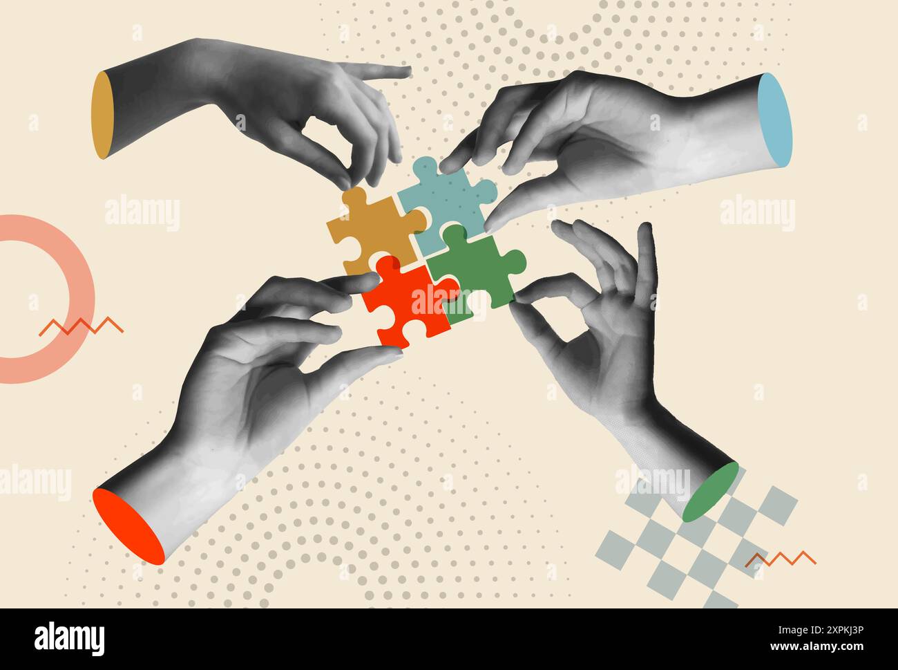 Human hands holding colorful puzzle pieces in 80s retro collage vector ...