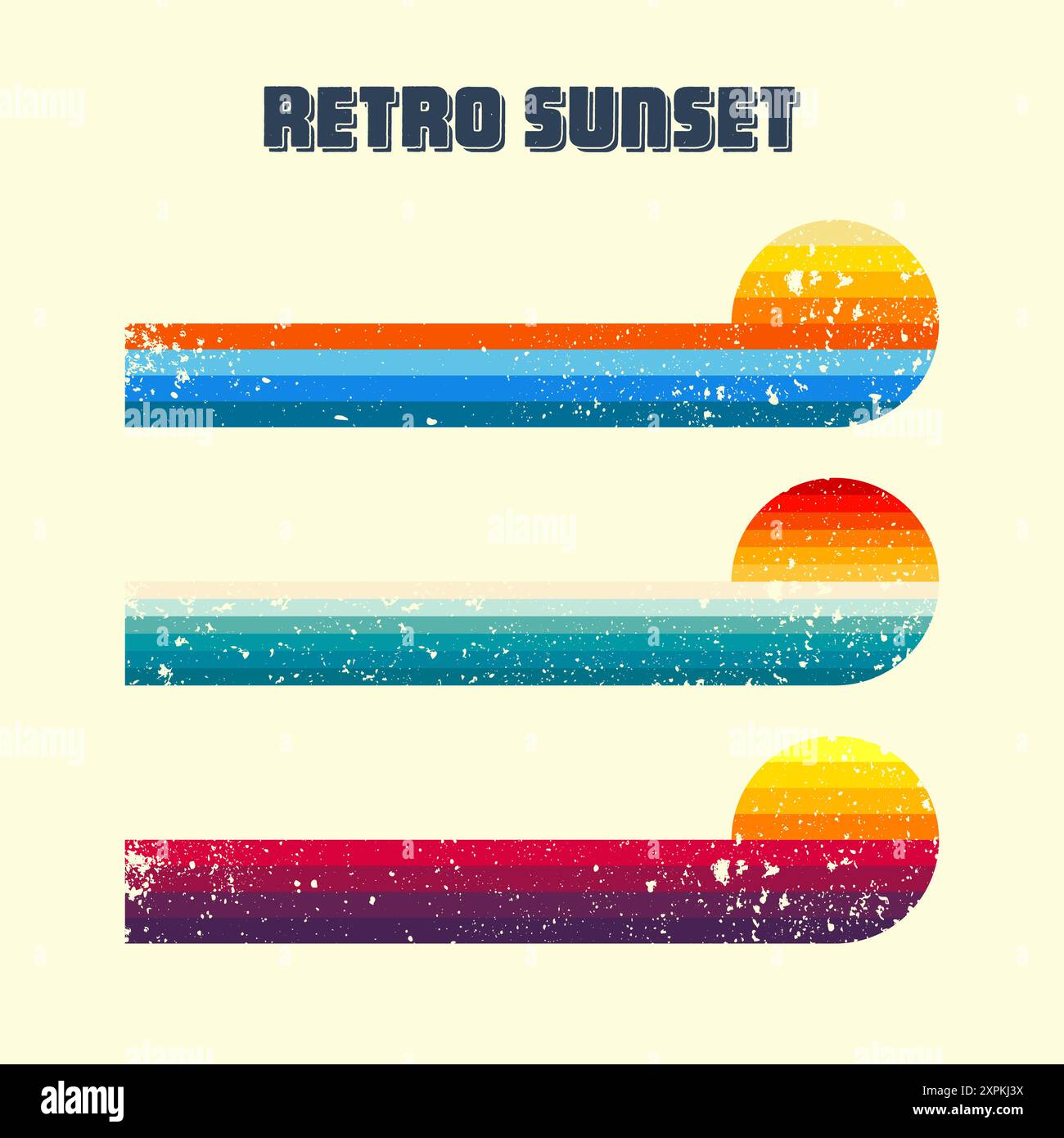 Grunge horizontal vintage sunsets. Various colorful striped sunrise ...