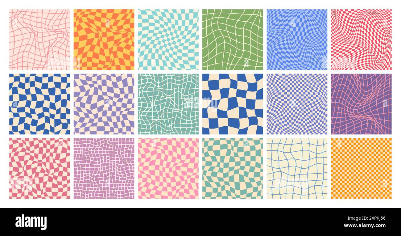 Groovy checkered pattern, colorful distorted tiled grid. Vintage wavy curved backdrop ...