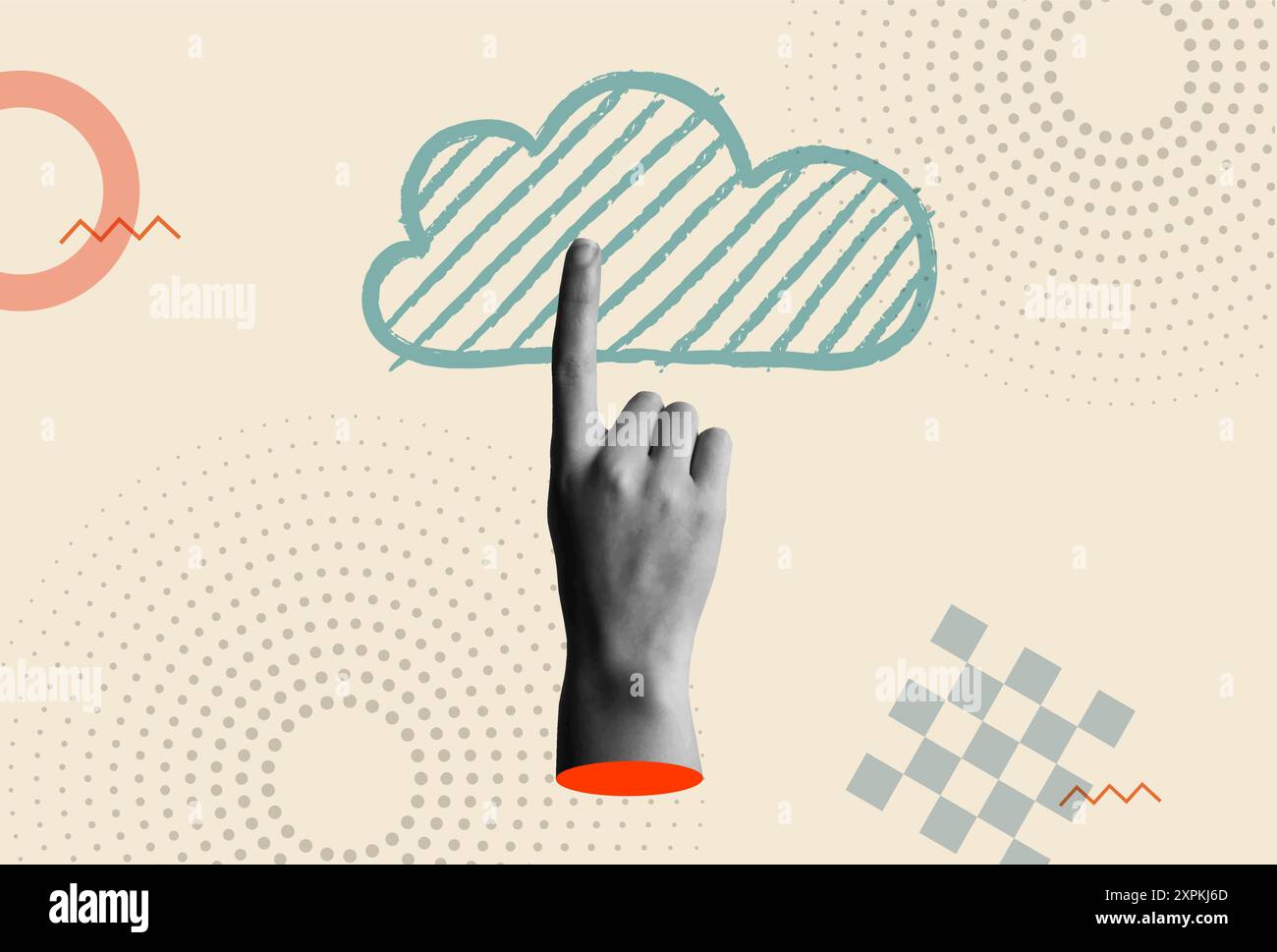 Cloud computing icon with human hand pointing finger up gesture in retro 80s collage mixed media ...
