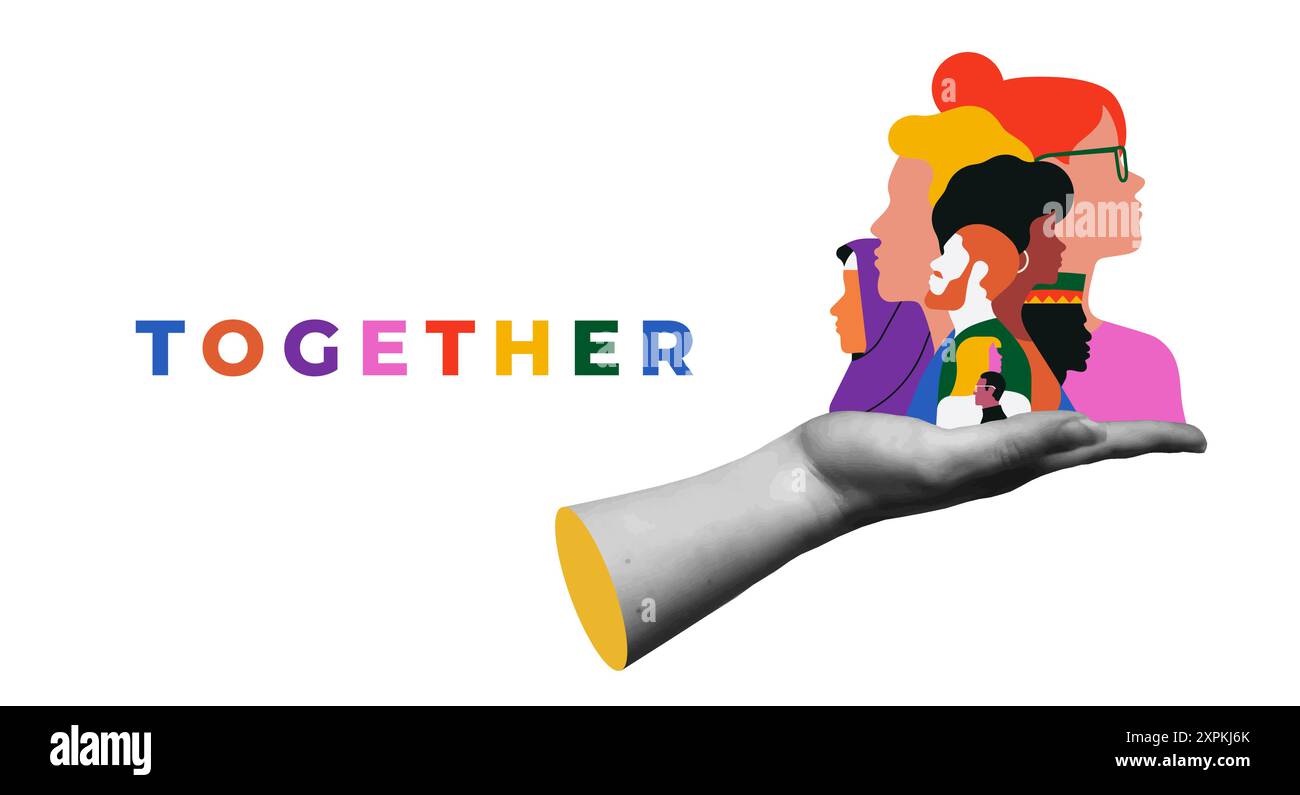 Together colorful quote illustration with diverse people faces and ...