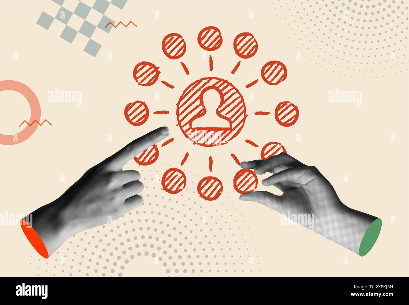 Social media network icon and human hands in retro 80s collage mixed ...