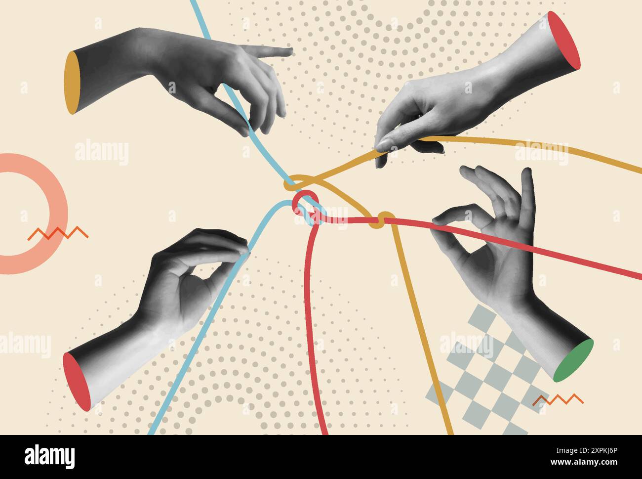 Human hands joined by rope or connected by a thread in 80s retro ...