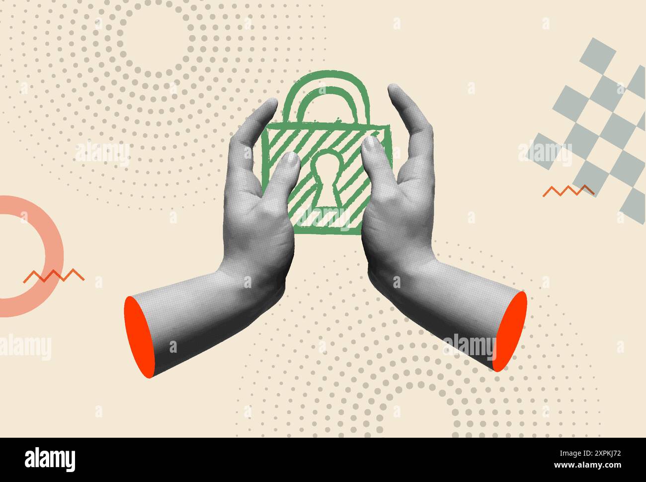 Human hands holding padlock in retro 80s collage mixed media vector ...