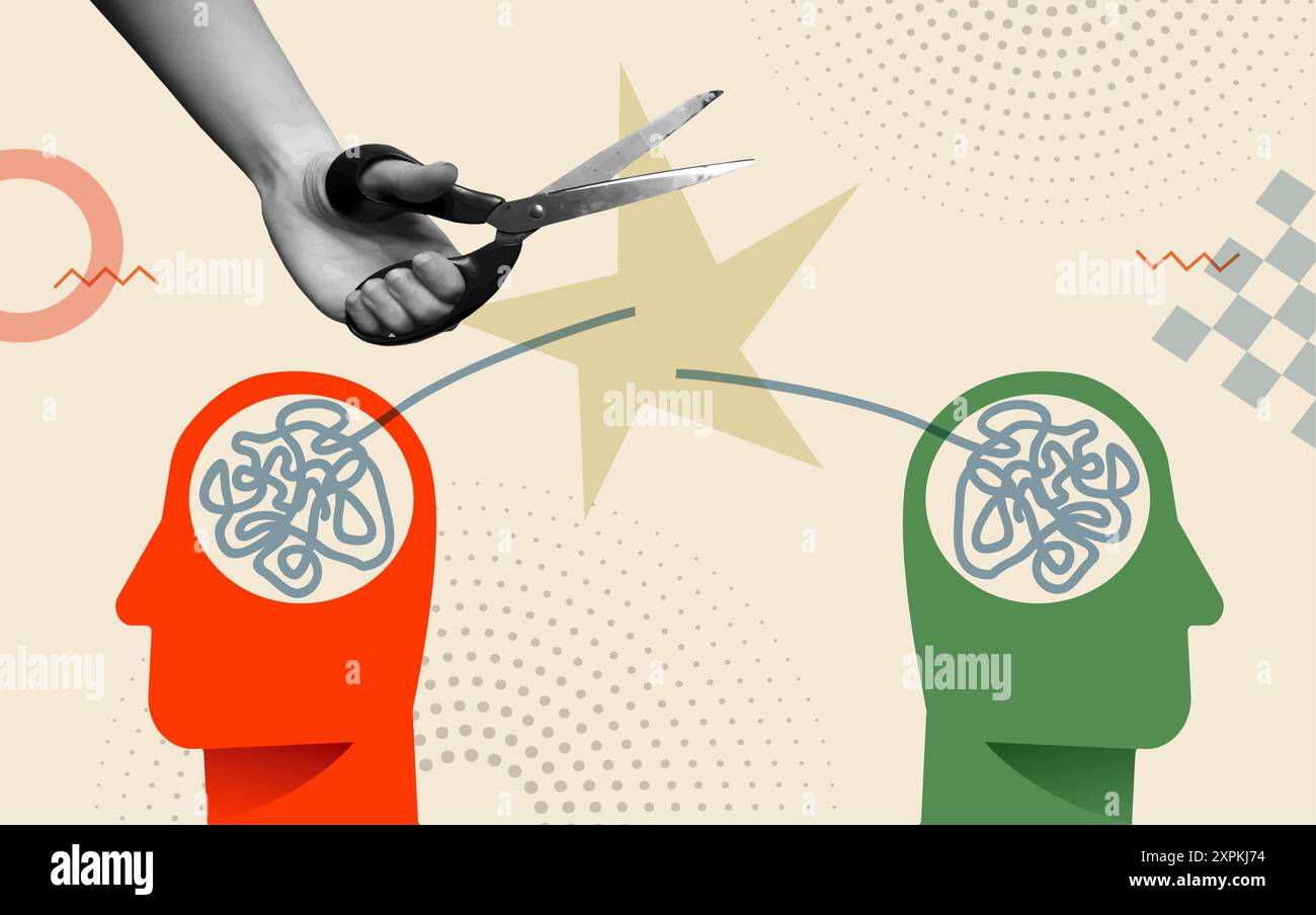 Relationship conflict concept with human head, tangled line and hand in ...