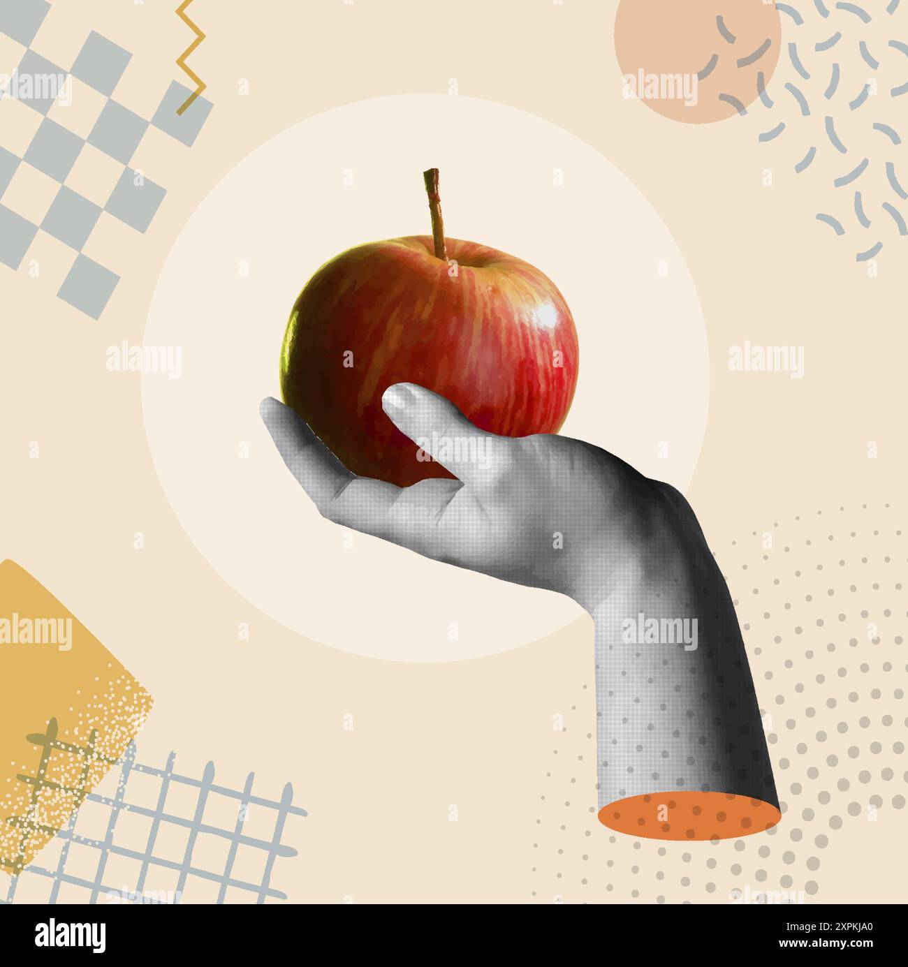 Human hand holding a fresh red apple in retro halftone collage mixed ...
