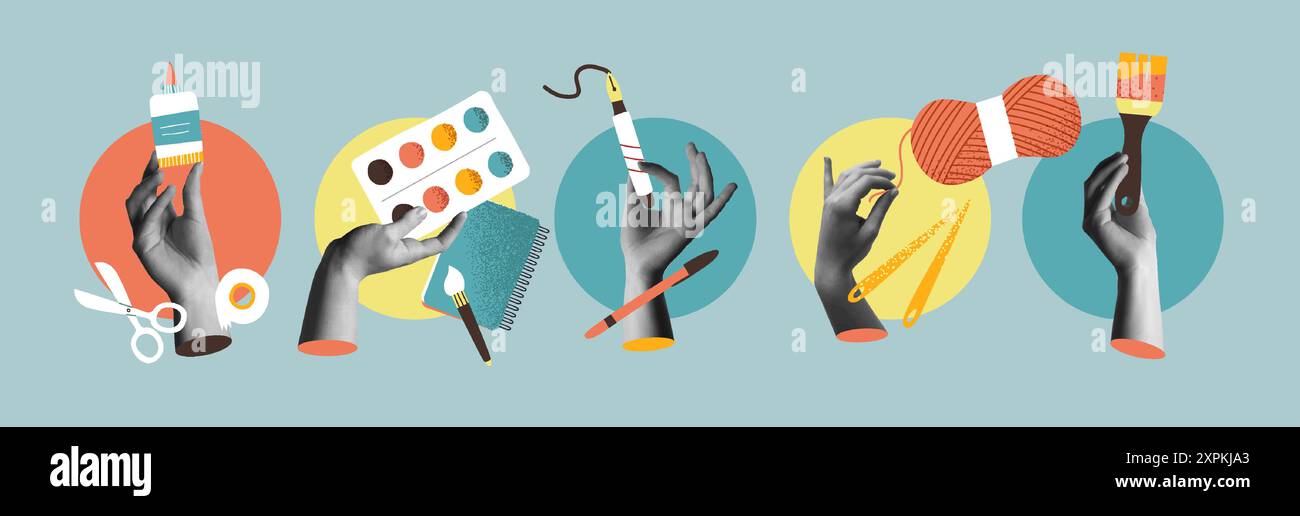 Diversity art hobbies and creative leisure with hands in retro 80s ...