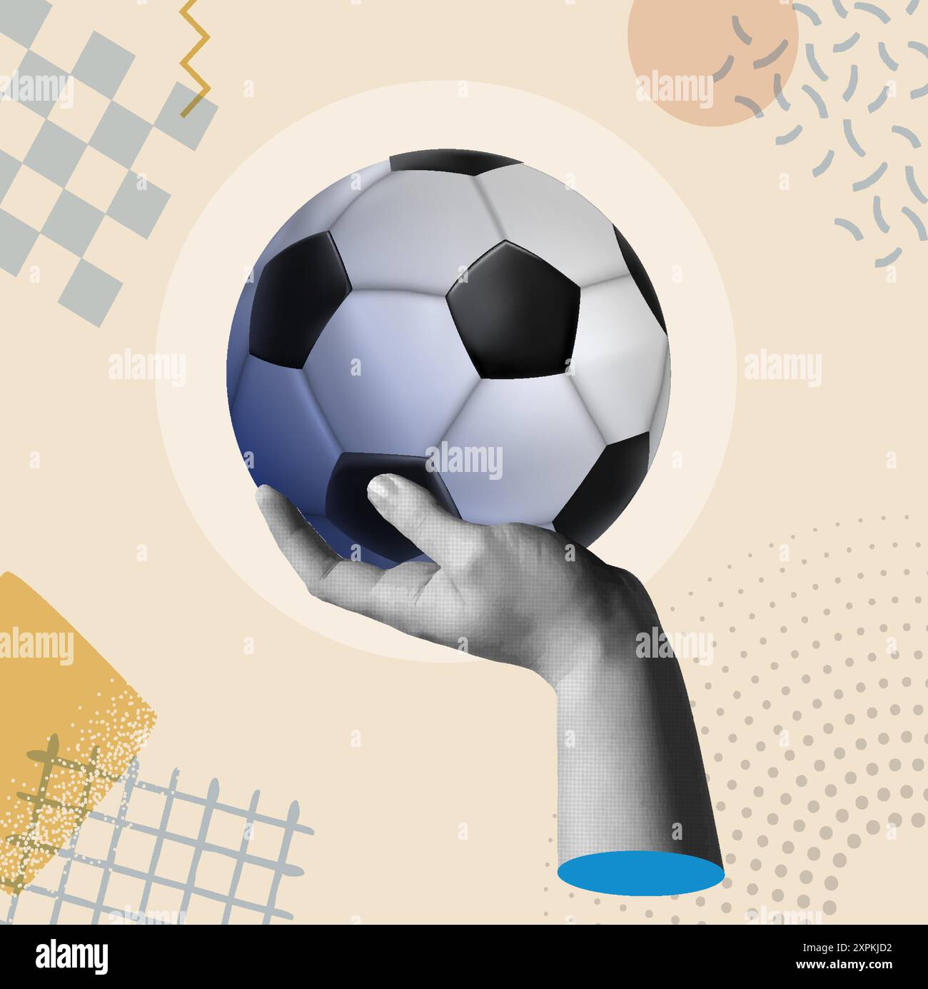 Human hands holding a a soccer ball in retro halftone collage mixed ...