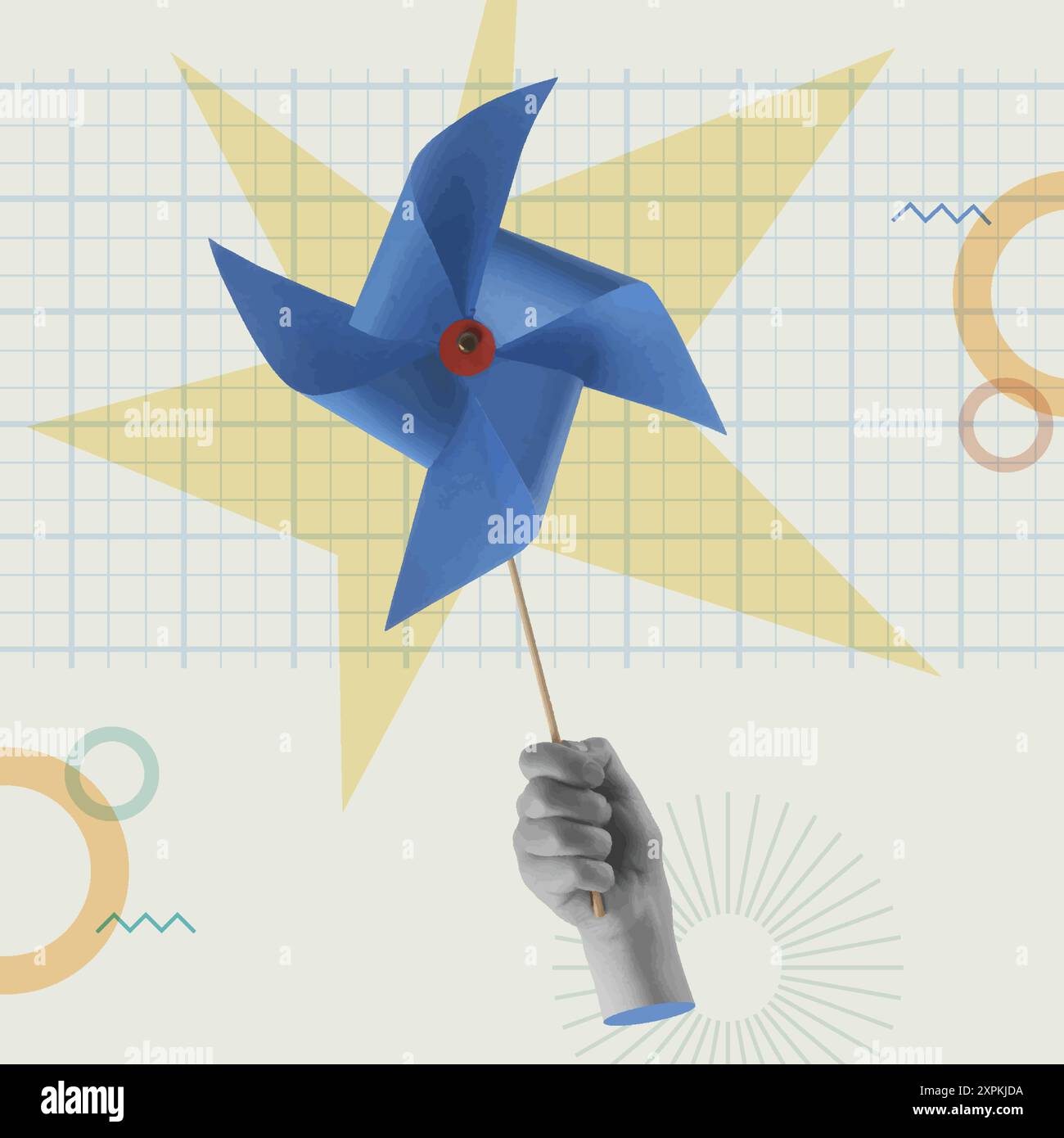 Little human hand holding a blue pinwheel in retro halftone collage ...